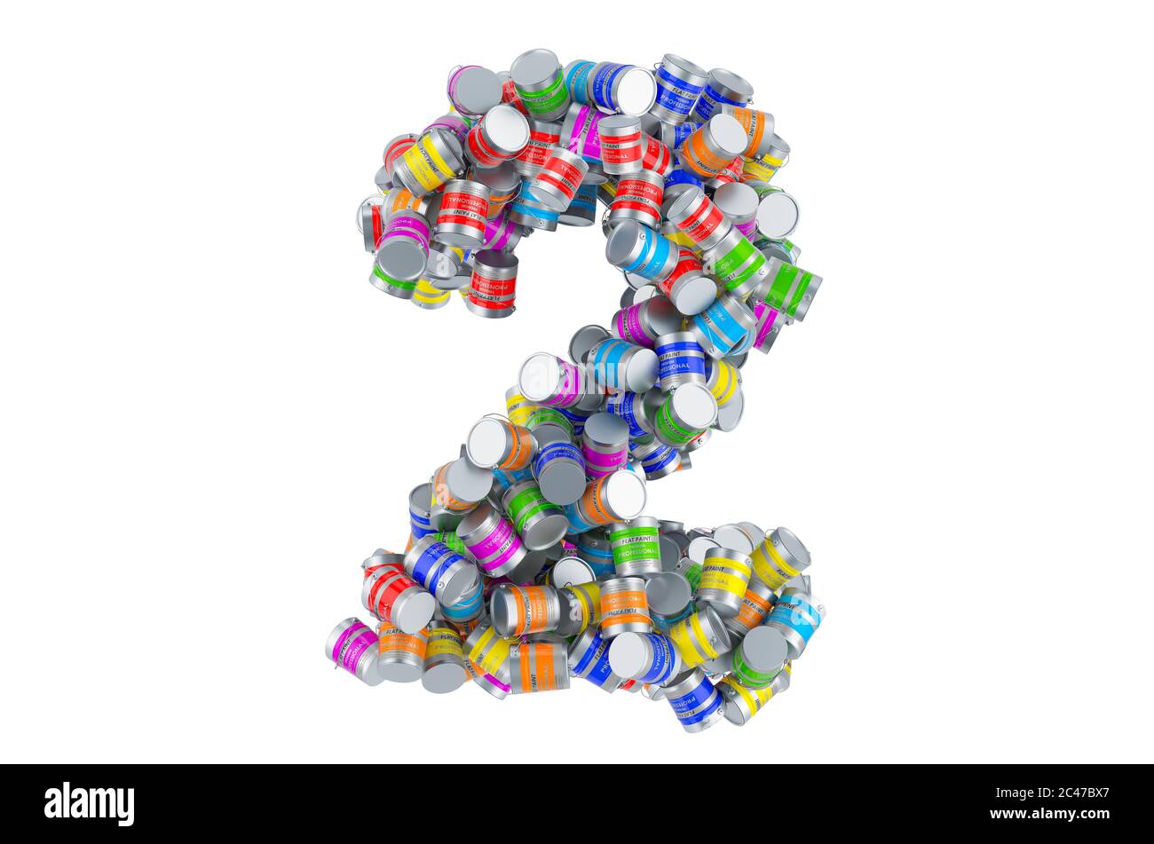 Number 2 from colored paint cans, 3D rendering isolated on white ...