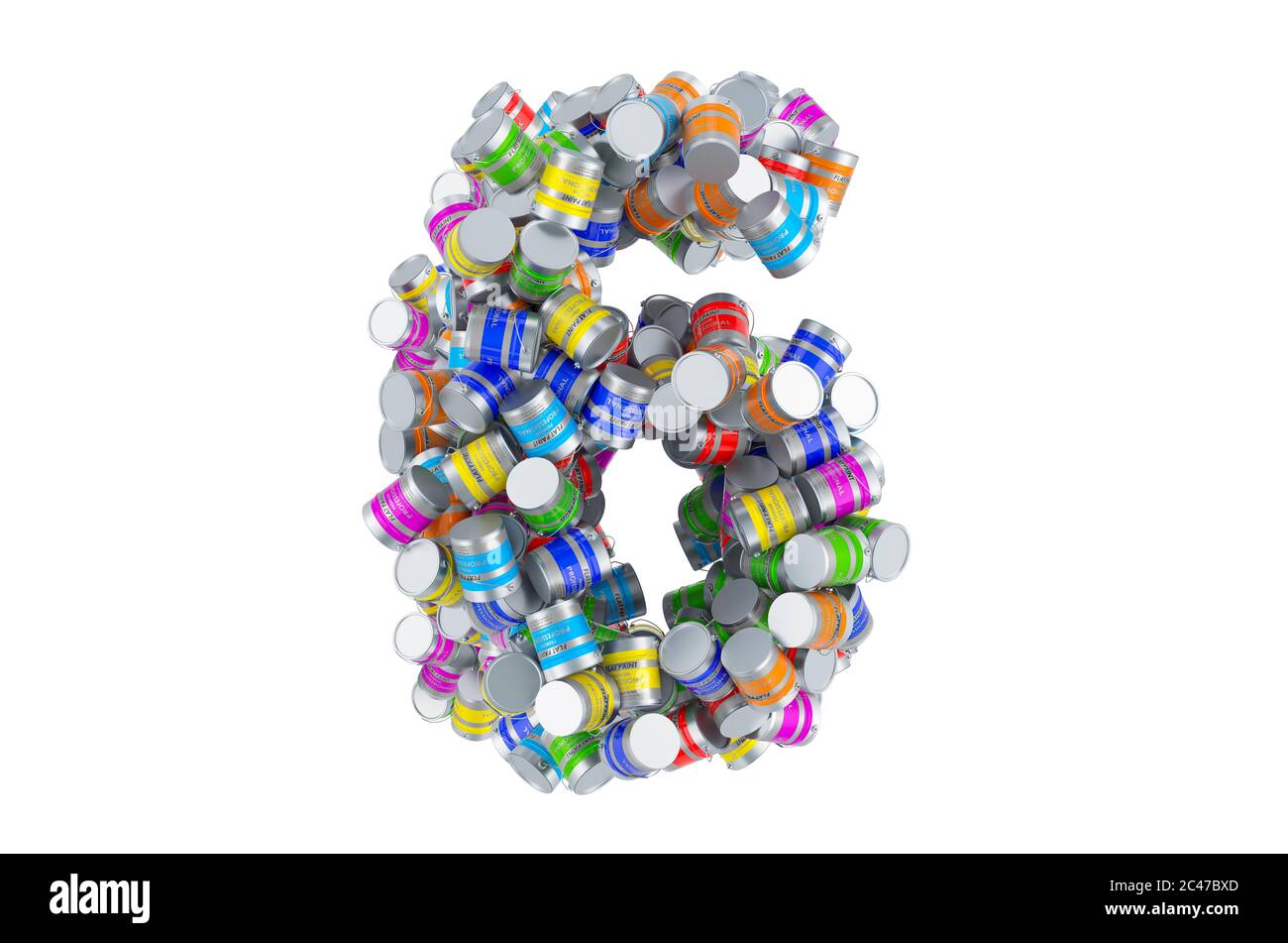 Number 6 from colored paint cans, 3D rendering isolated on white ...