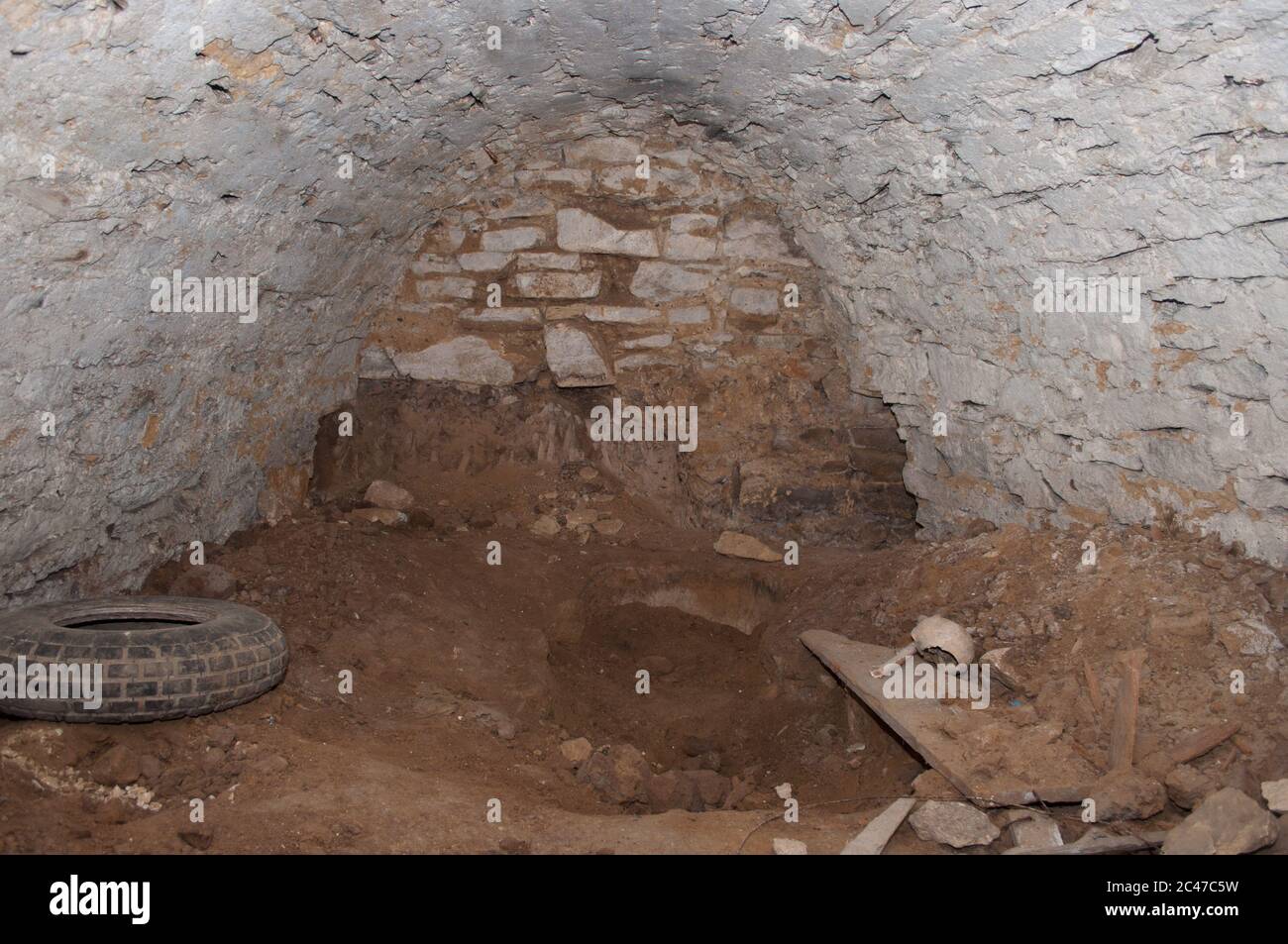 crypt with human skull in the old abandoned roman catholic church Stock ...