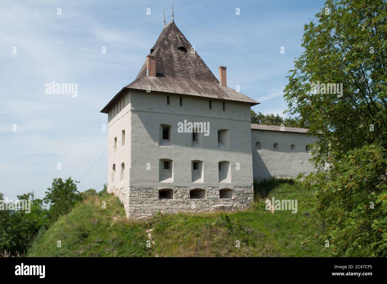 Main tower of Halych castle with windows on the hill Stock Photo - Alamy