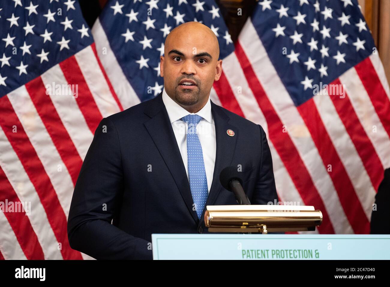 U.S. Representative Colin Allred (D-TX) speaks at a press conference ...