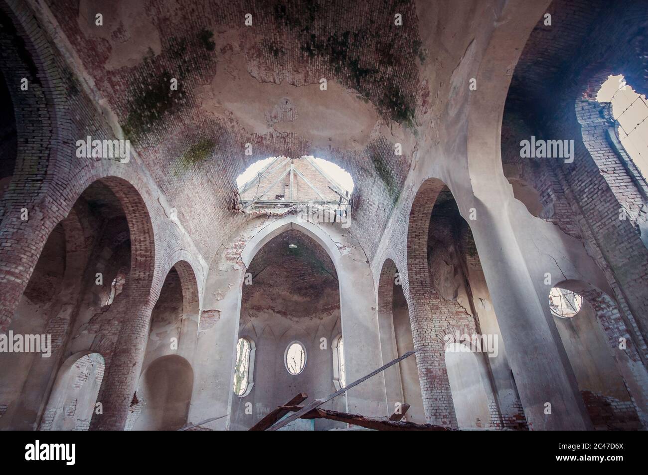 Hall of old abandoned church with wooden boards inside Stock Photo - Alamy