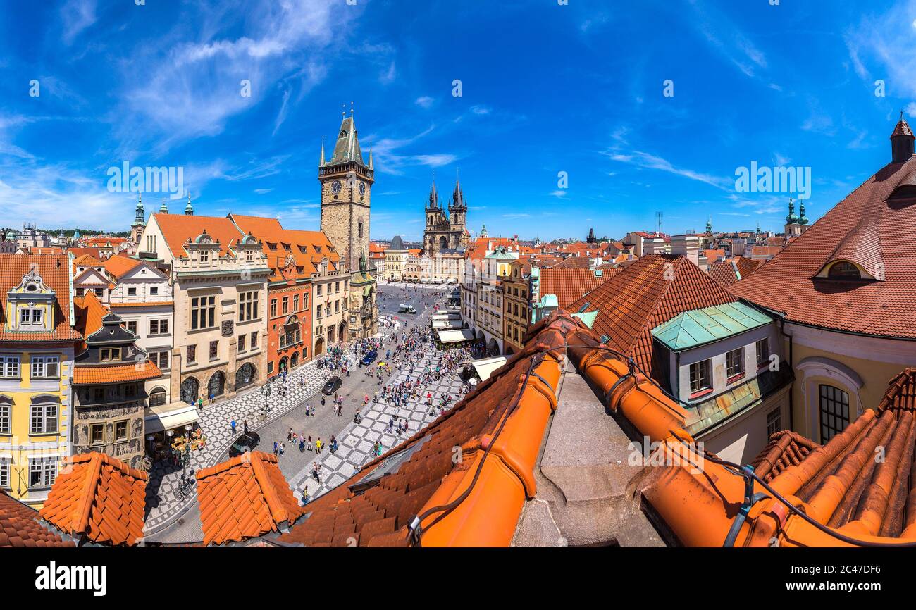 Panoramic aerial view of Old Town square and Clock Tower in Prague in a ...