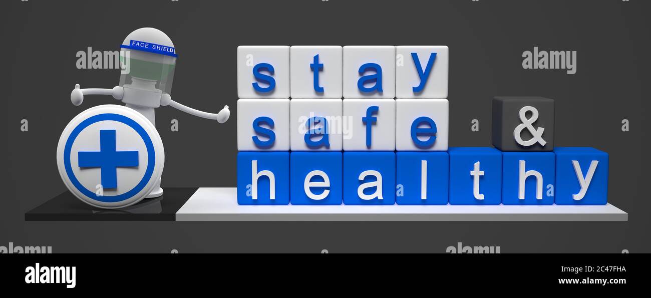 Stay safe and healthy cube, chess figure wearing mask and face shield ...