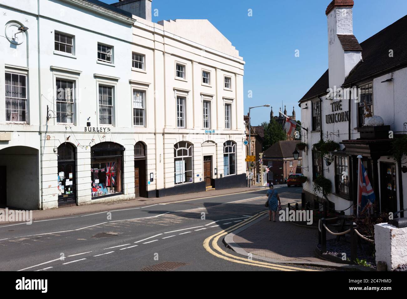 View of street in Great Malvern in summer 2020, Worcestershire, UK ...