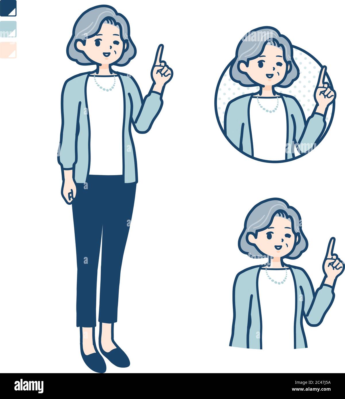 Senior woman in a suit with pointing hand sign images. It's vector art ...