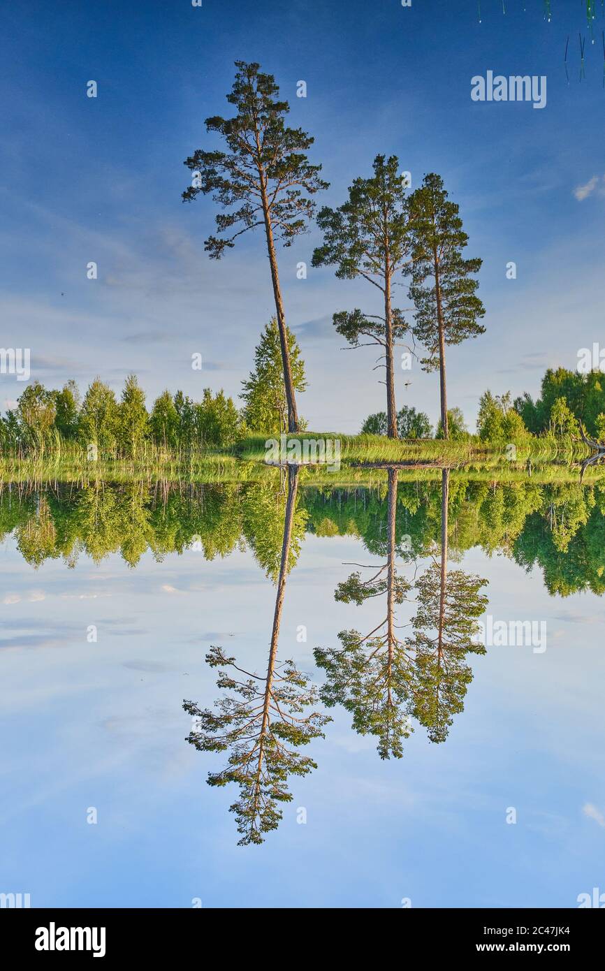 Symmetrical reflection on the surface of the water of beautiful ...