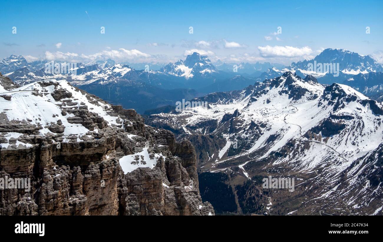 View of the Dolimites from Funivia-Seilbahn Sass Pordoi Cable Car and ...
