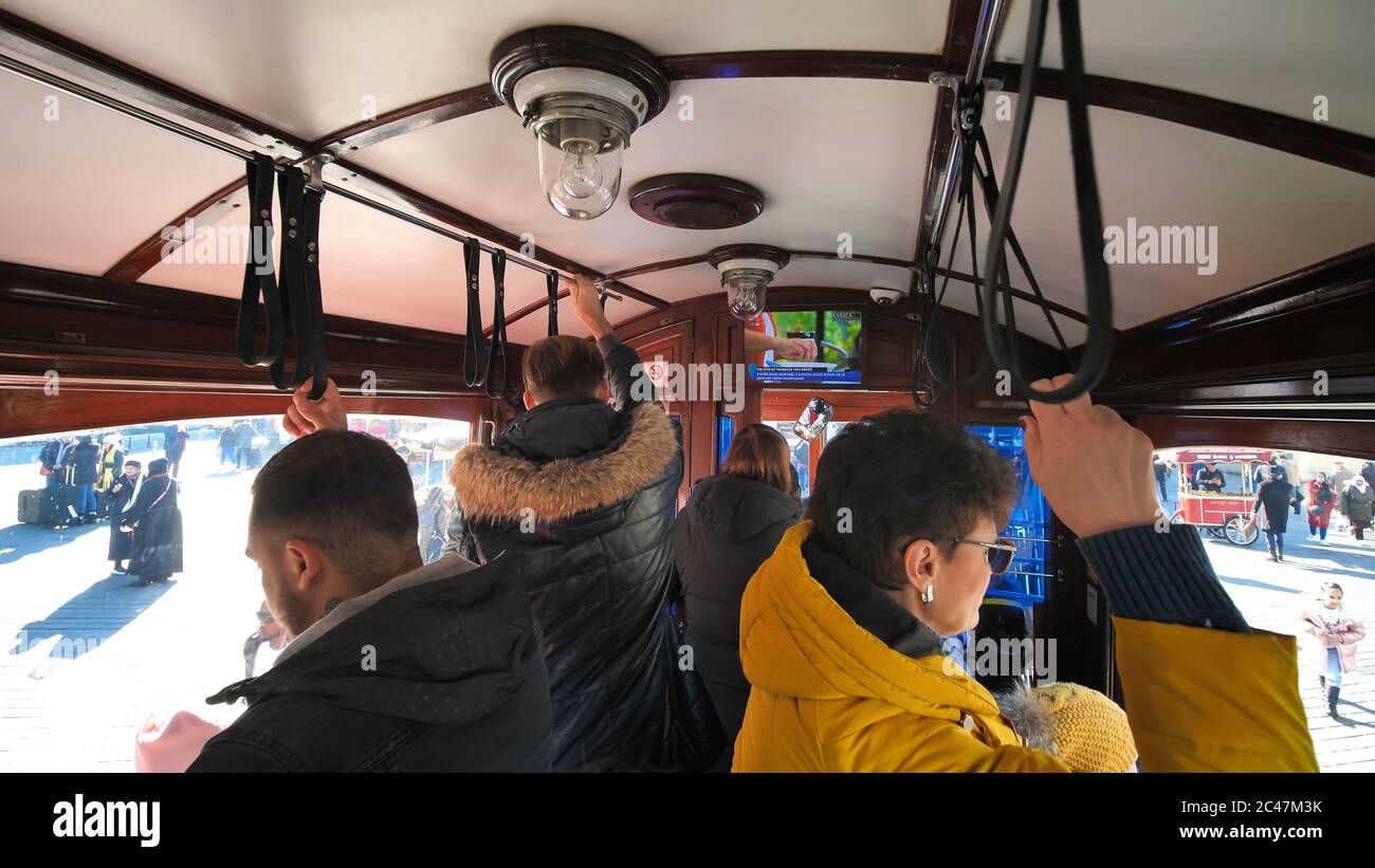 Istanbul, Turkey - January 8, 2020: Wagon with passengers in an old ...