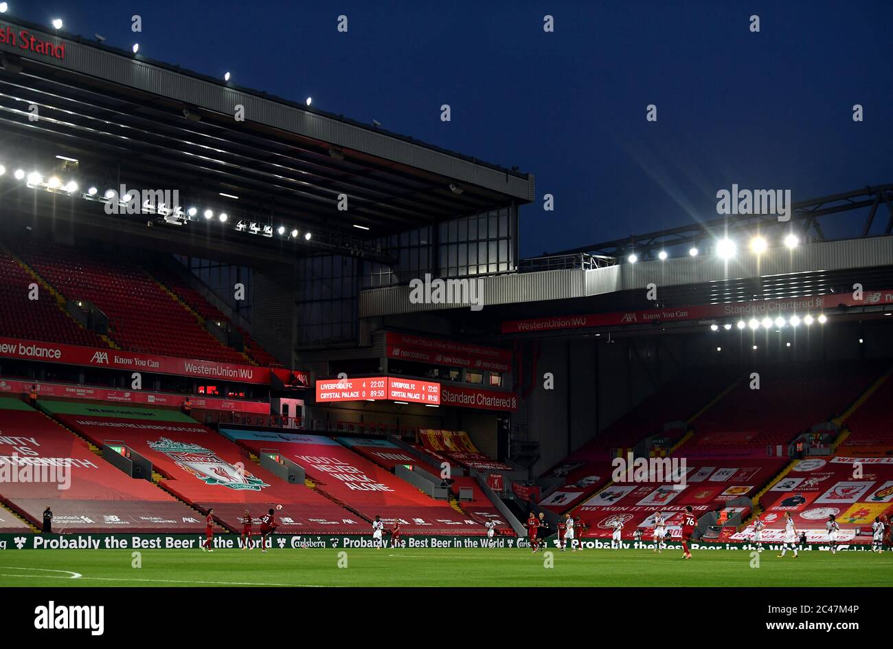 General view of action on the pitch in front of empty stands during the ...