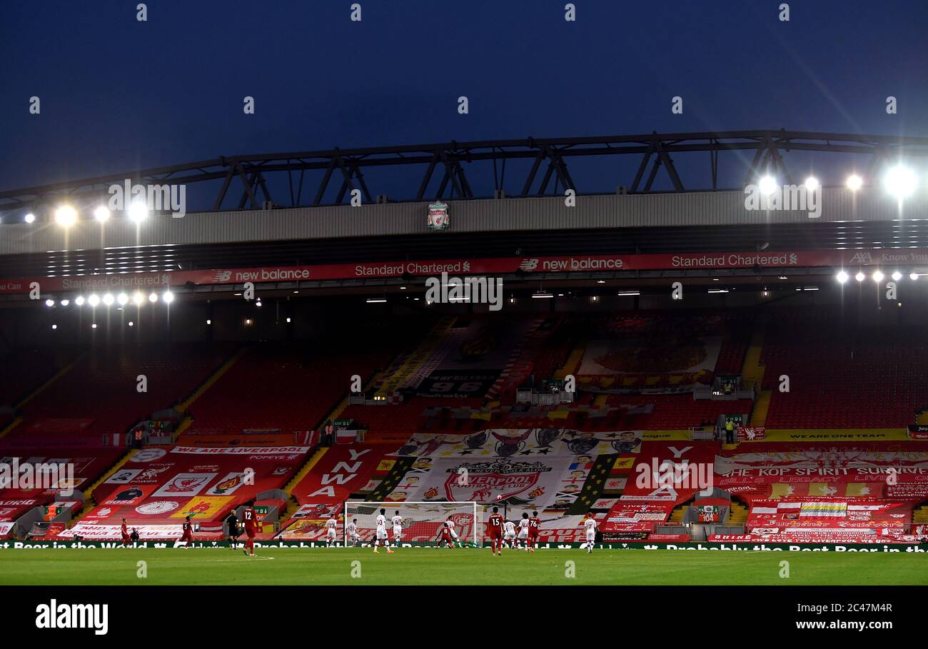 General view of action on the pitch in front of empty stands during the ...