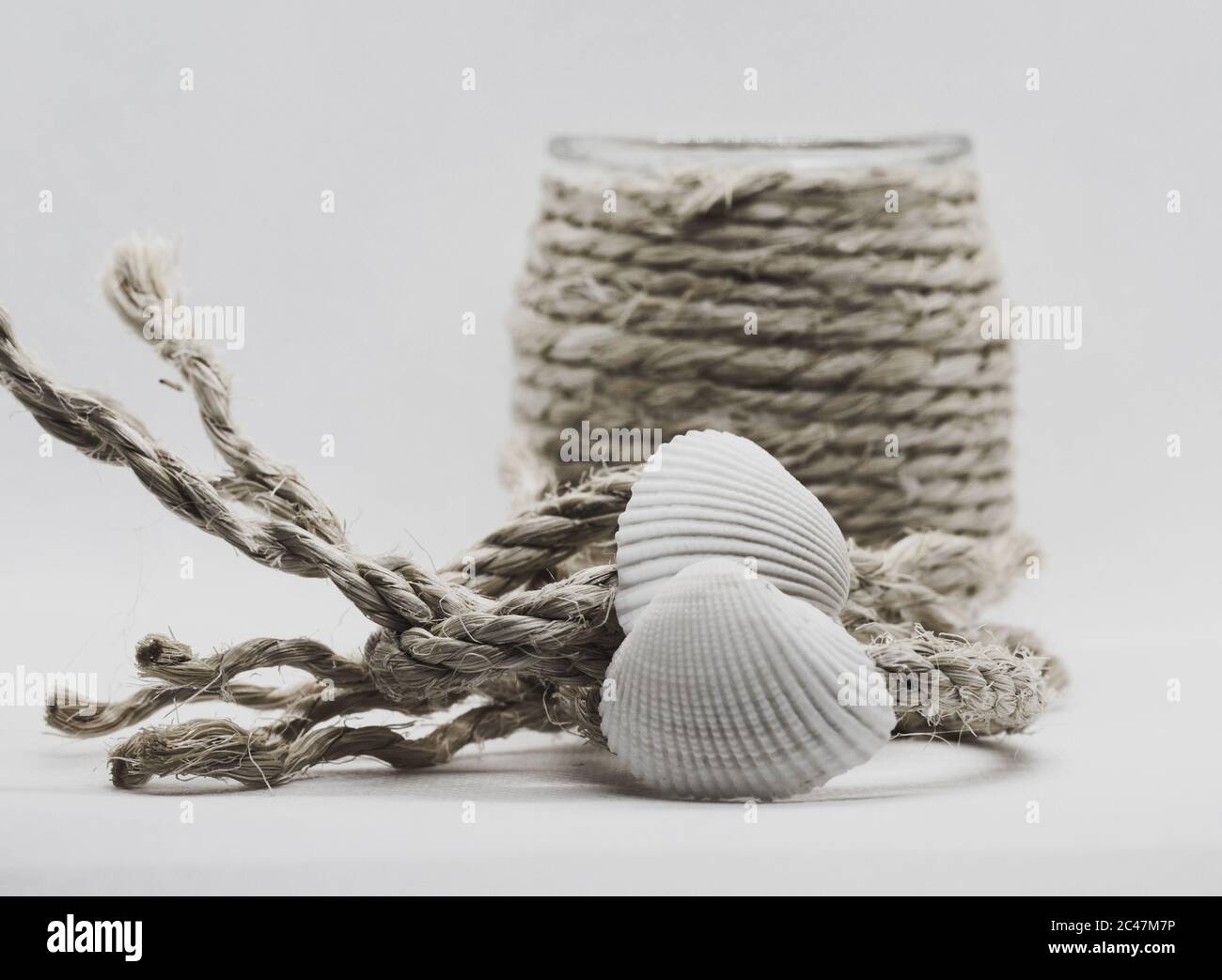 Closeup shot of a rope decorated with white shells isolated on a white ...