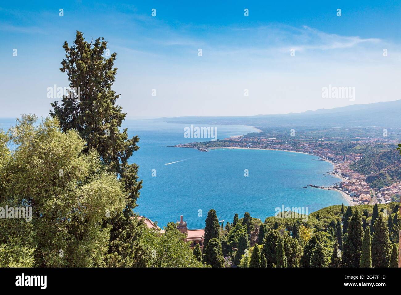 Panoramic aerial view of Taormina in Sicily, Italy in a beautiful ...