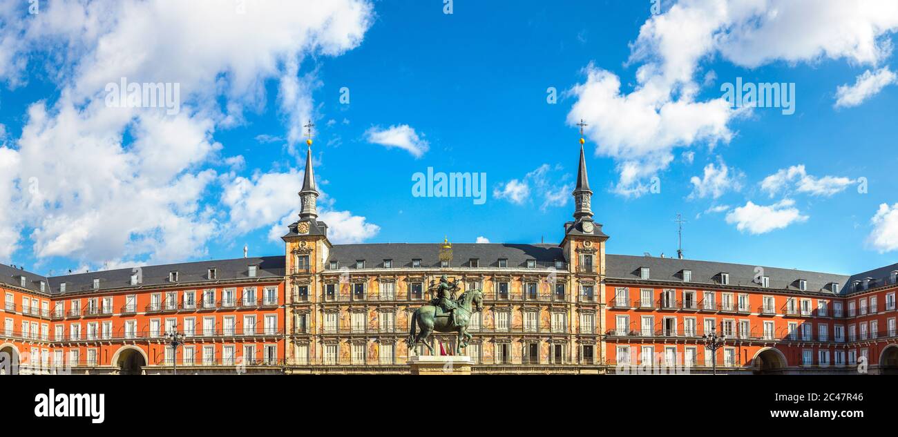 Plaza Mayor and statue of King Philips III in Madrid, Spain in a ...