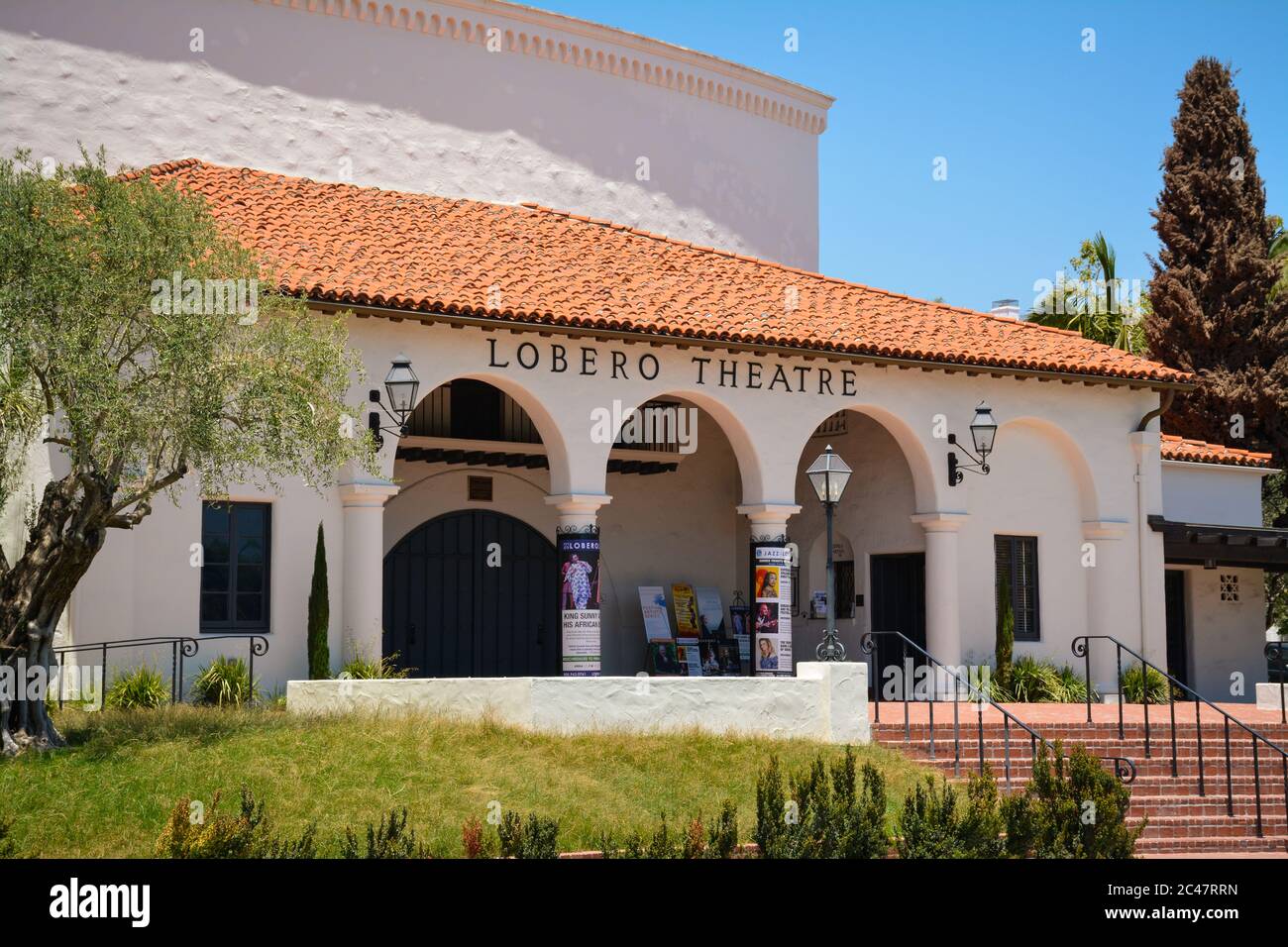 Entrance to the Spanish Colonial revival style Lobero Theatre with red ...