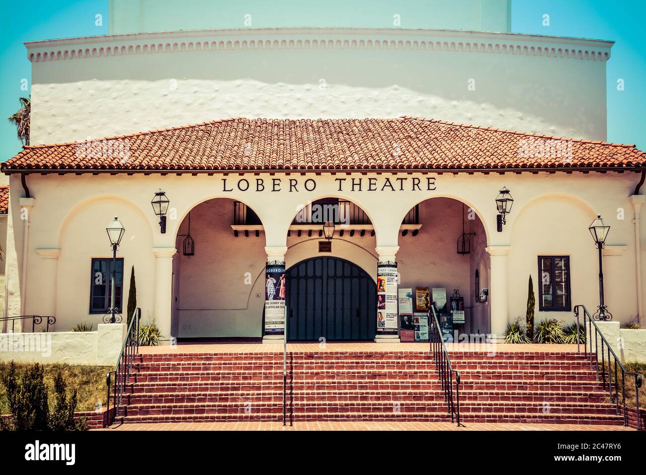 Entrance to the Spanish Colonial revival style Lobero Theatre with red ...