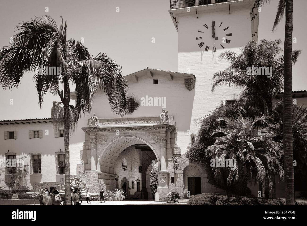 People around the landmark, Santa Barbara County Courthouse entrance ...