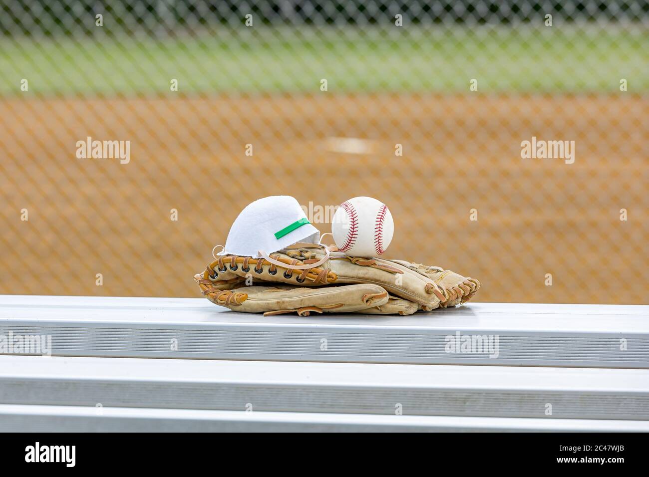 Baseball glove, baseball and N95 respirator face mask. Concept of ...