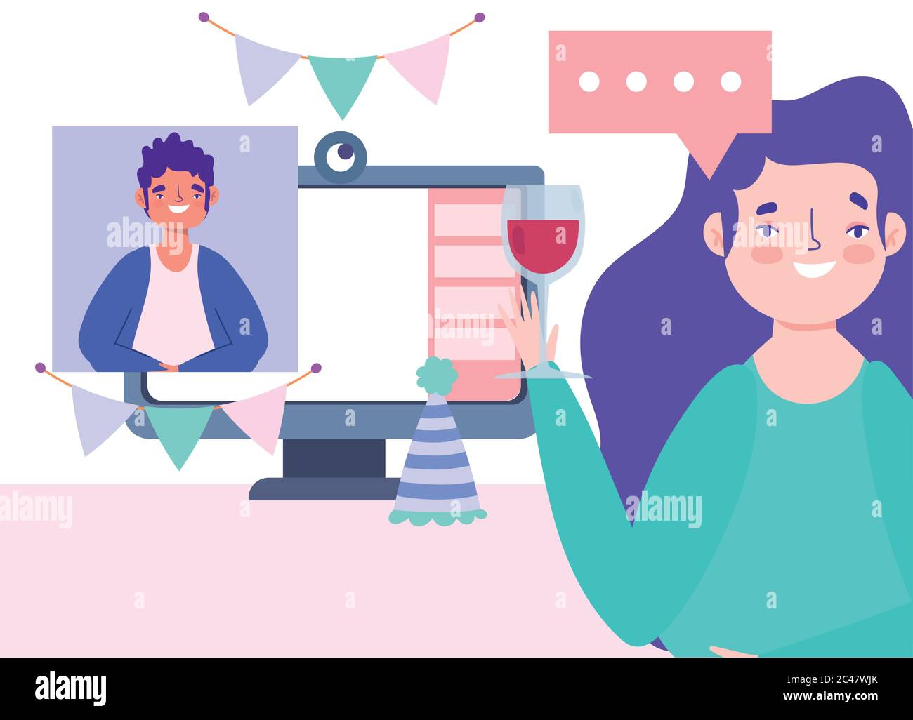 online party, birthday or meeting friends, celebrate couple computer ...