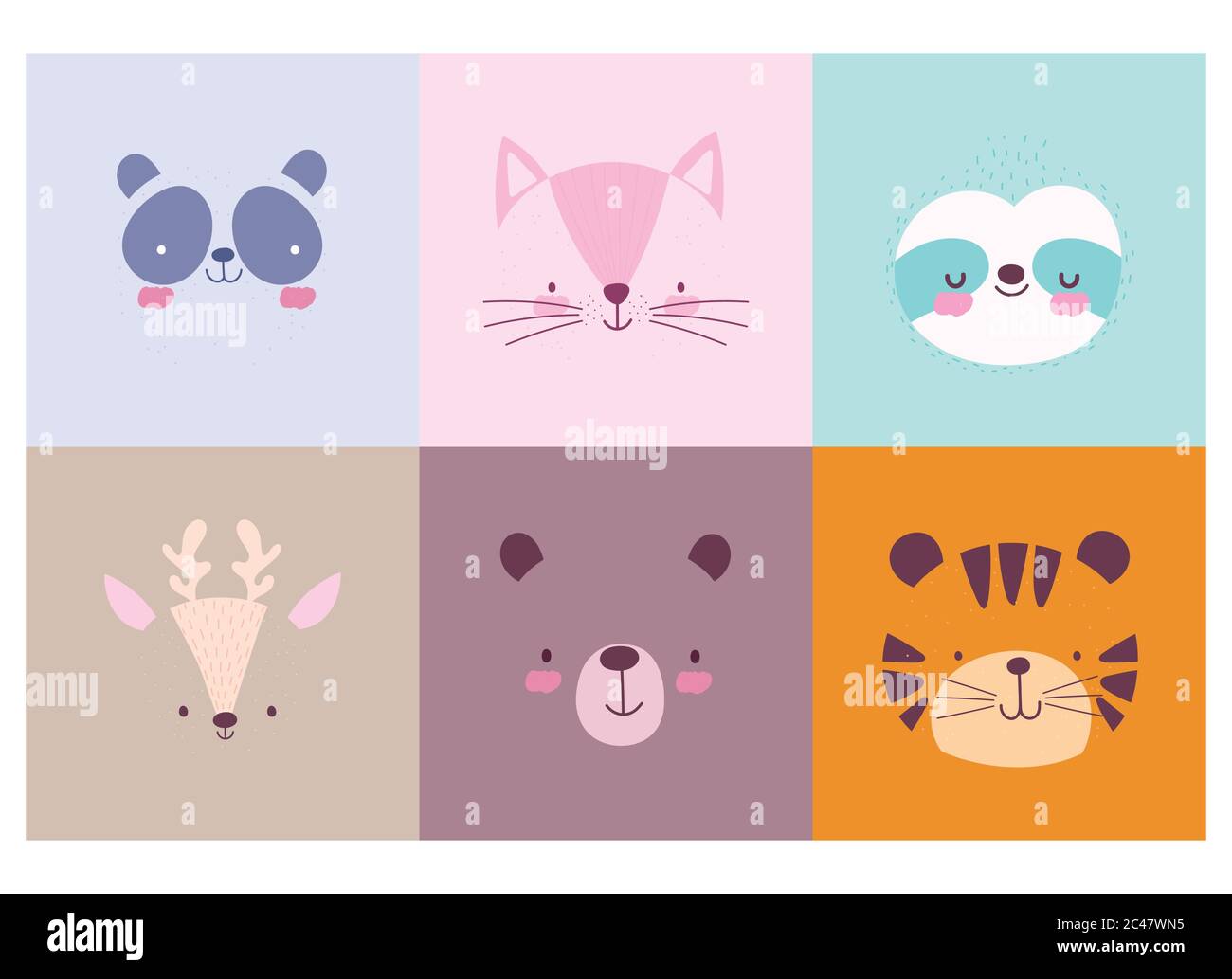 cartoon cute animals characters faces collection design vector ...