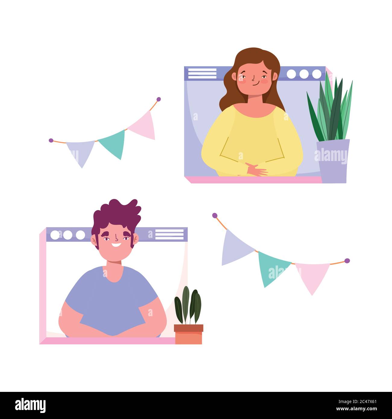 online party, birthday or meeting friends, people celebrate event ...
