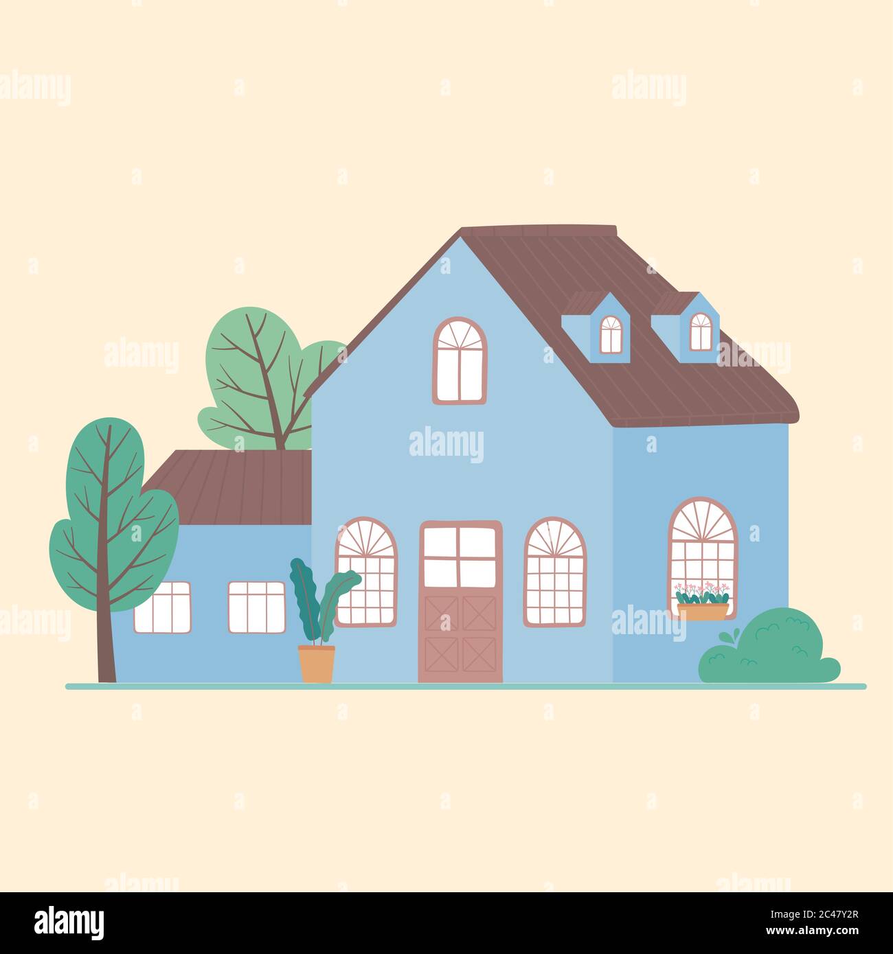 multi storey house residential garden plants front view design vector ...