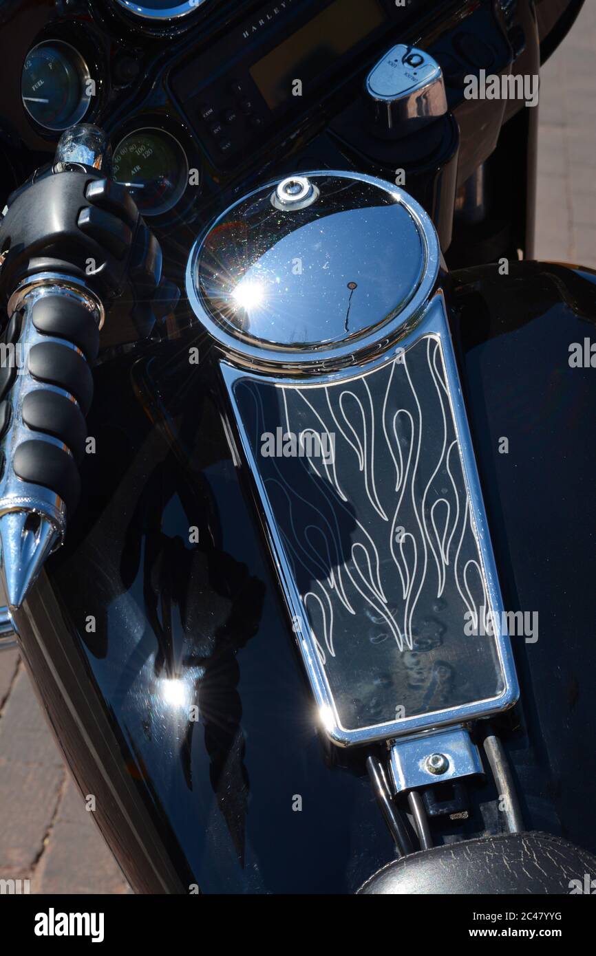 Fancy pinstriping on the gas tank of a Harley-Davidson motorcycle Stock ...
