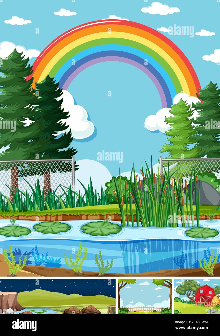 Four different scenes in nature setting cartoon style illustration ...