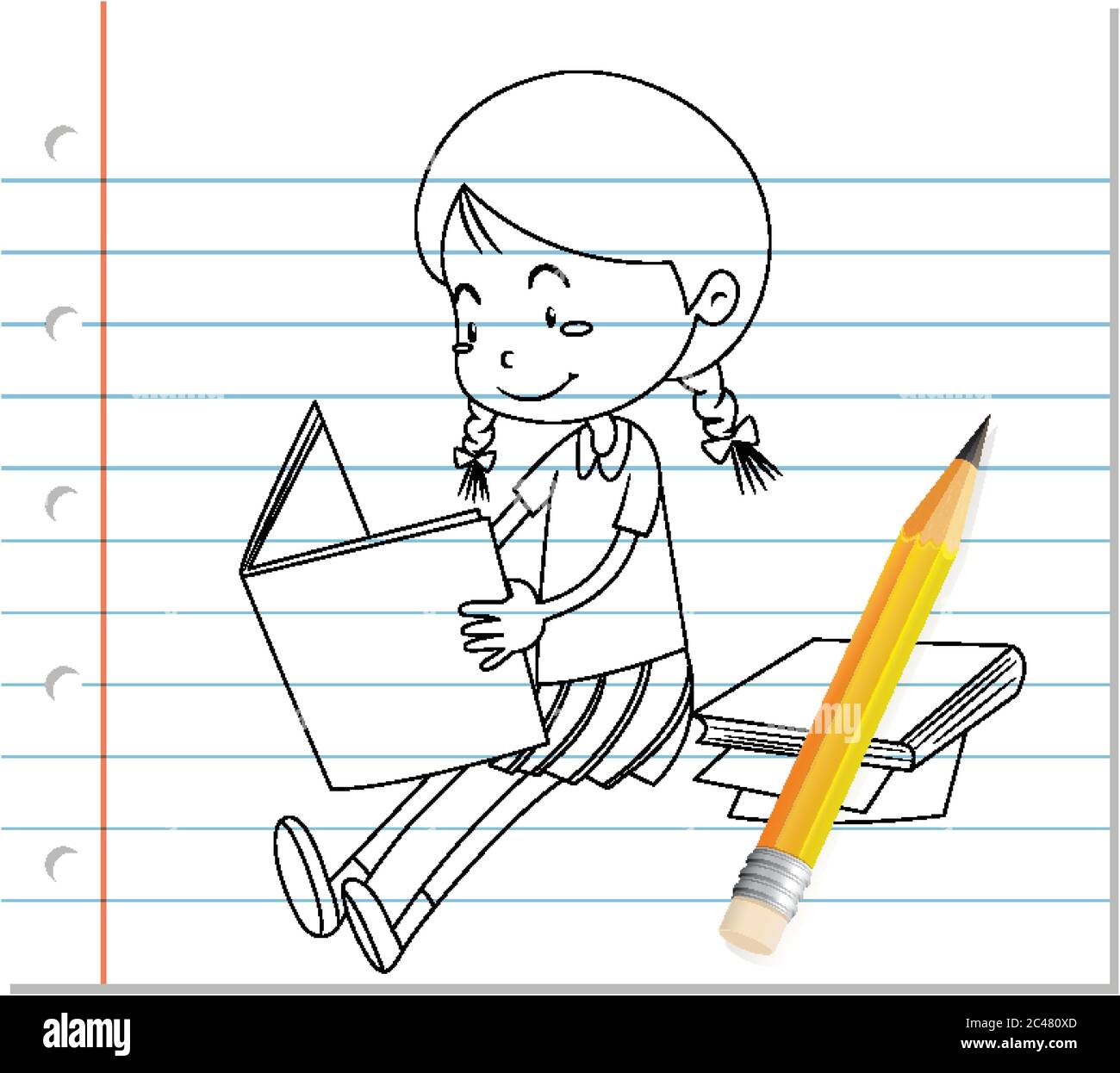 Hand writing of girl reading book outline illustration Stock Vector ...
