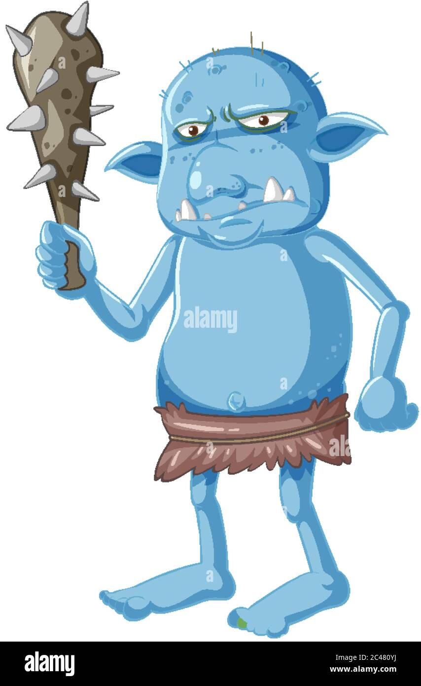 Blue goblin or troll holding hunting tool in cartoon character isolated ...