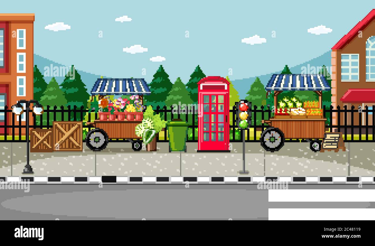 Street side scene with flower cart and fruit cart scene illustration ...