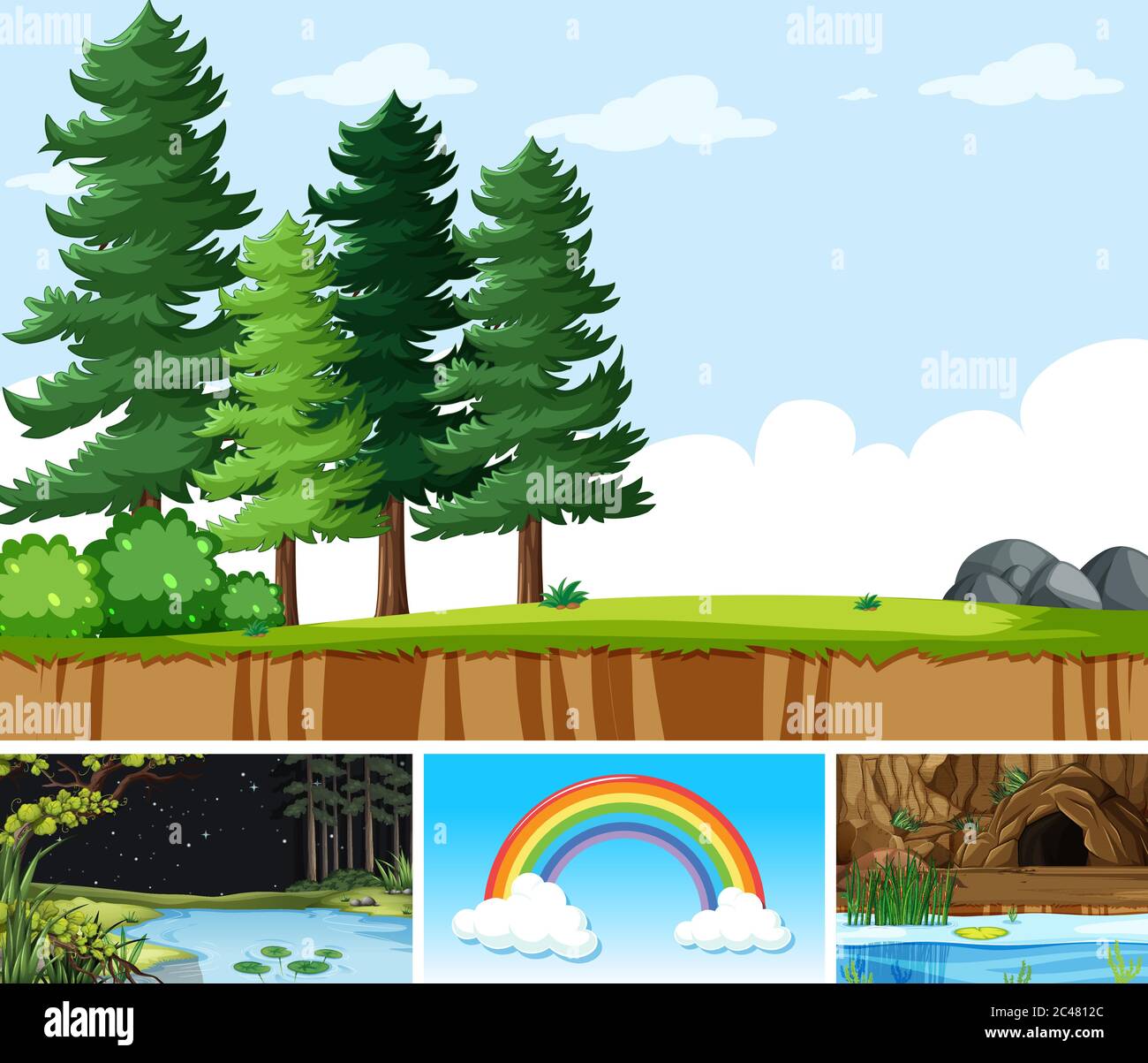 Four different scenes in nature setting cartoon style illustration ...