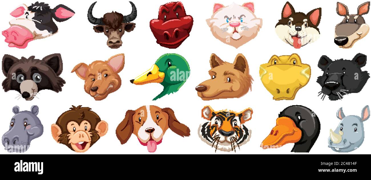 Set of different cute cartoon animals head huge isolated on white ...