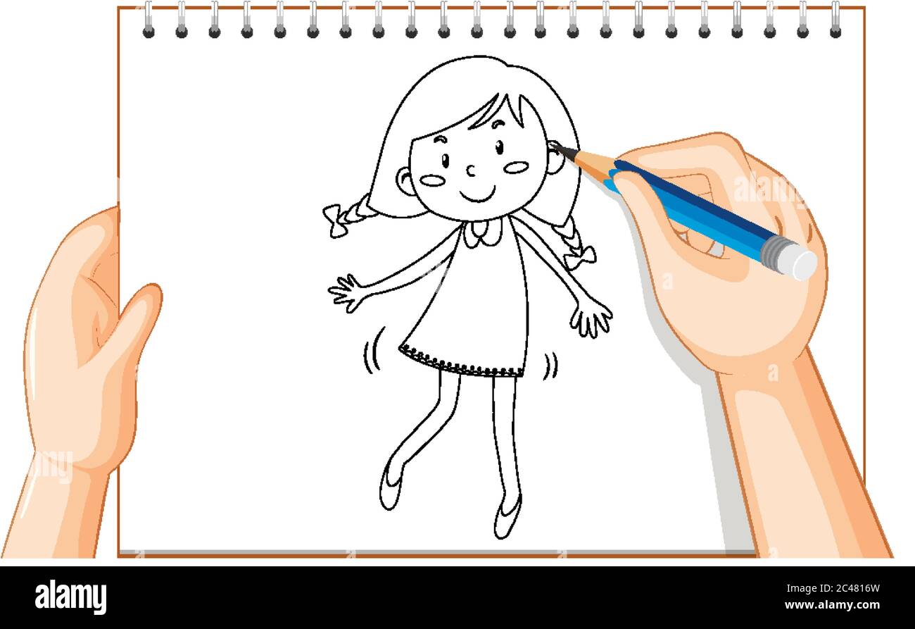 Hand drawing of cute girl cartoon illustration Stock Vector Image & Art ...