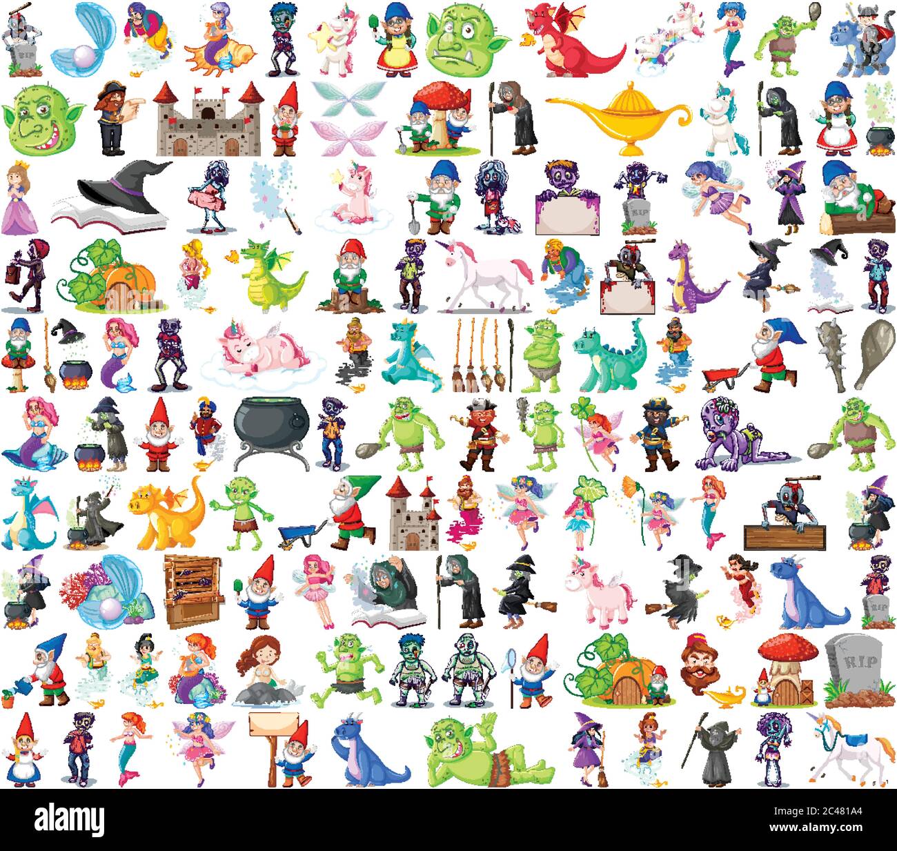 Set of fantasy cartoon characters and fantasy theme isolated on white ...