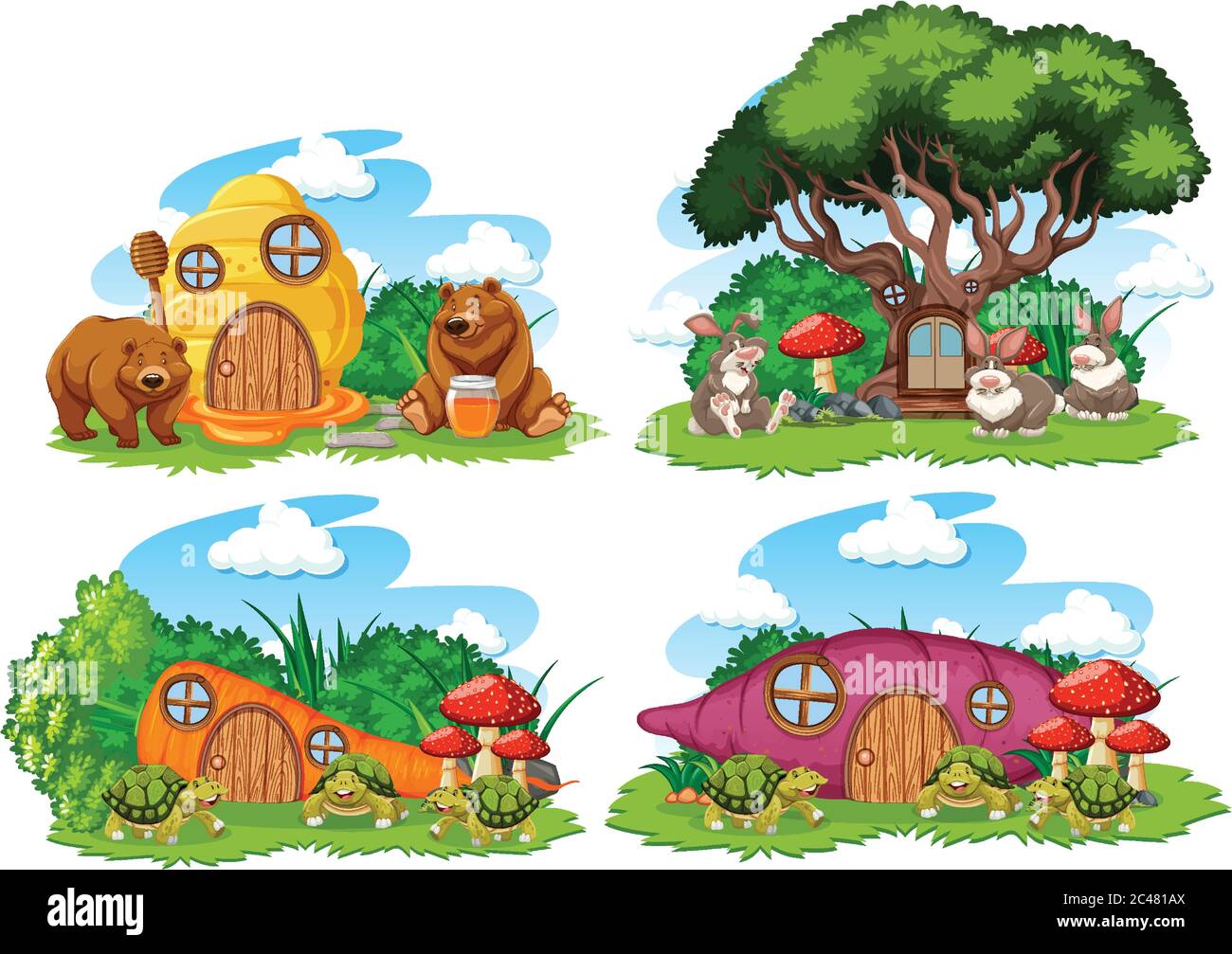 Set of fantasy houses in the garden with cute animals isolated on white ...