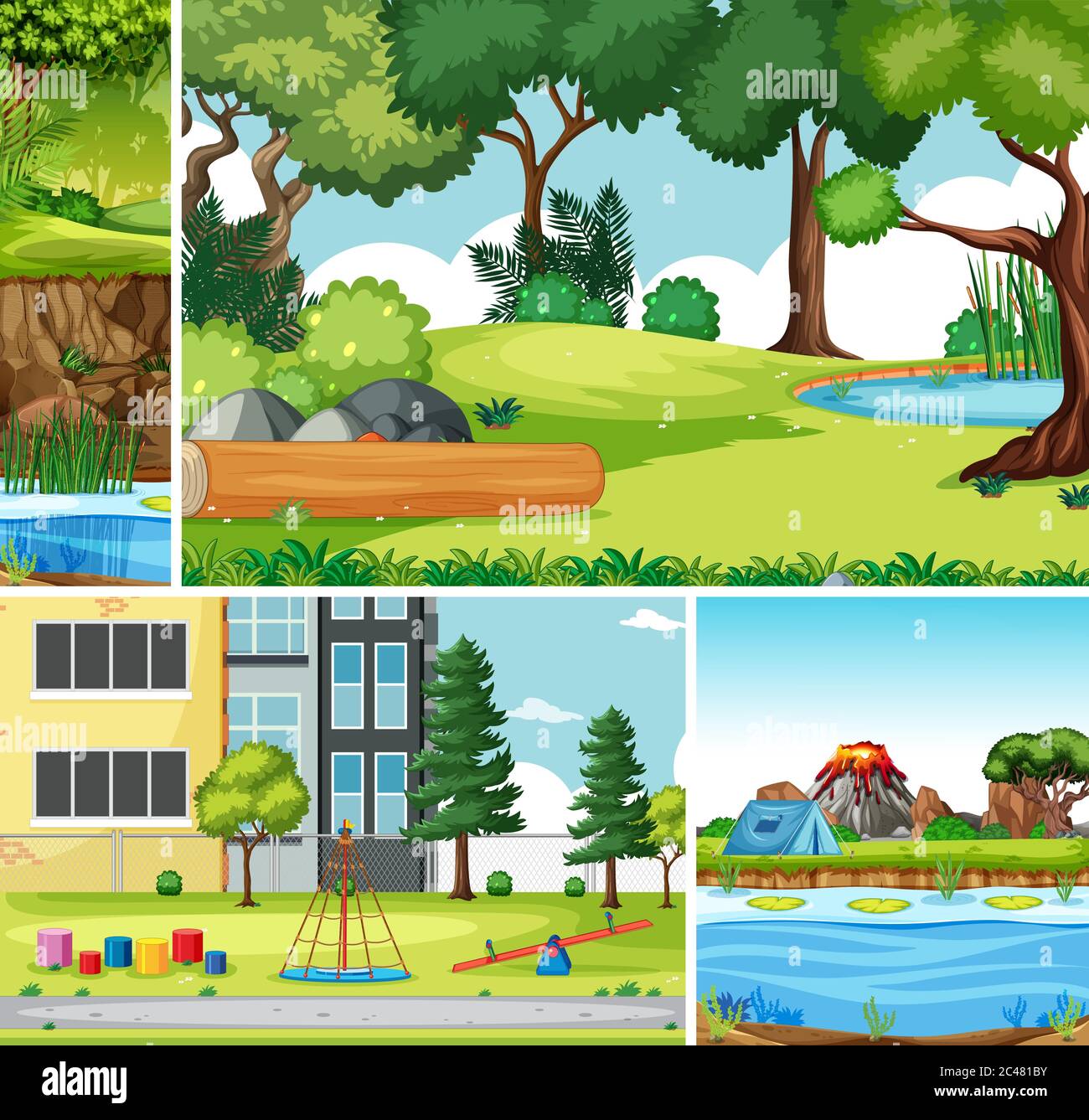 Four different scenes in nature setting cartoon style illustration ...