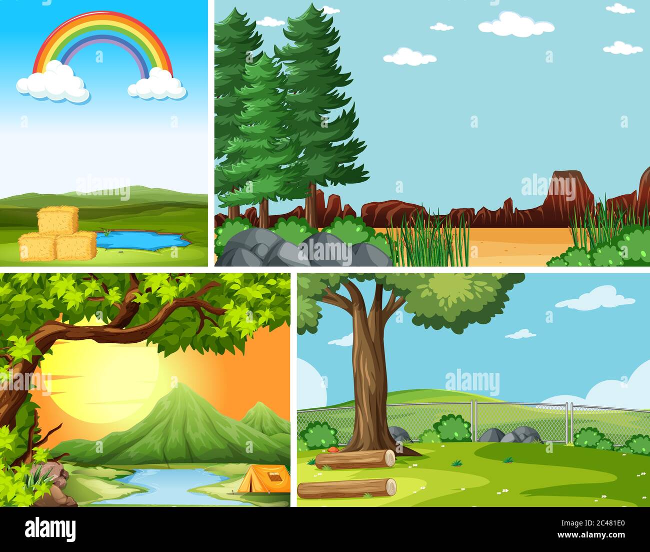 Four different scenes in nature setting cartoon style illustration ...