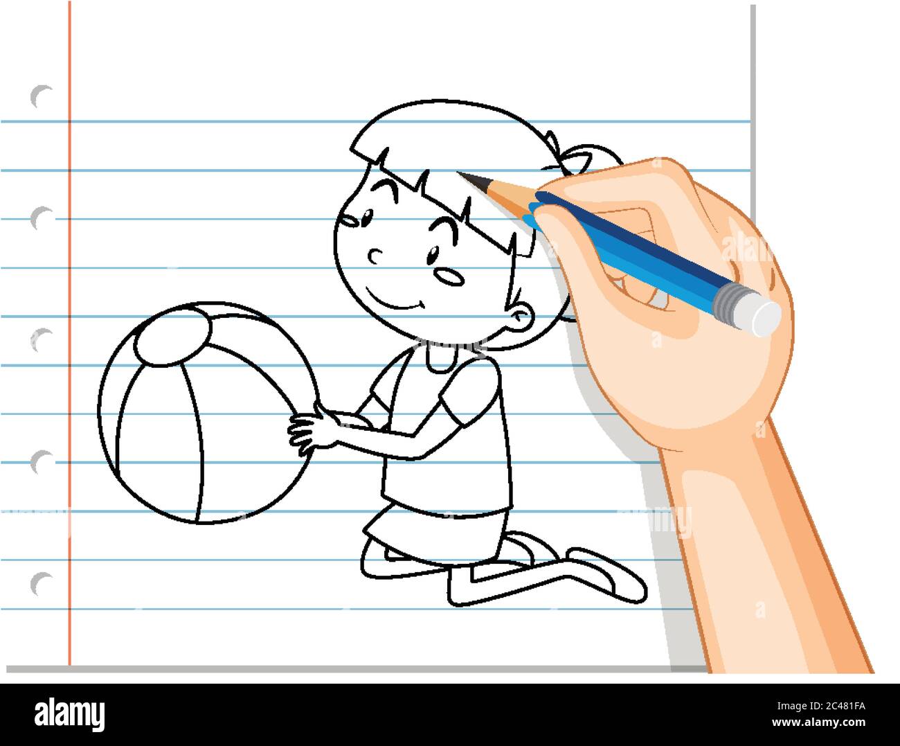 Hand writing of cute girl holding ball outline illustration Stock ...
