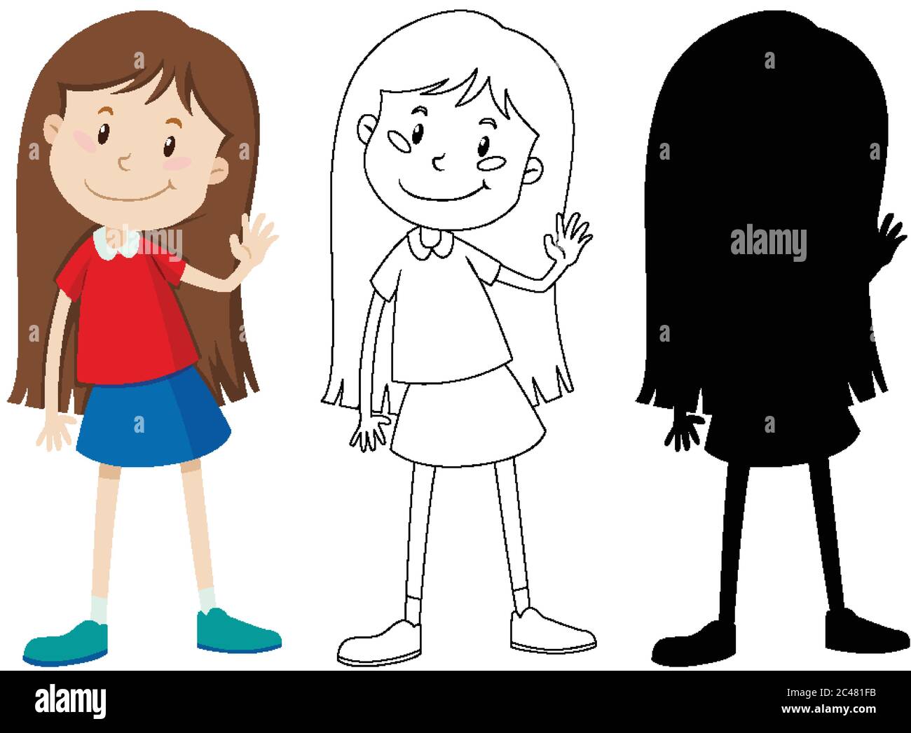 Cute long hair girl in colour and outline and silhouette illustration ...