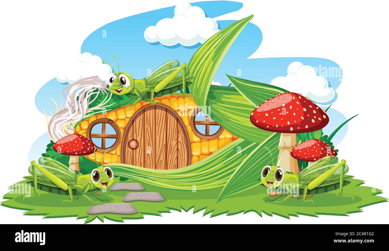 Corn house with three grasshoper cartoon style on white background ...