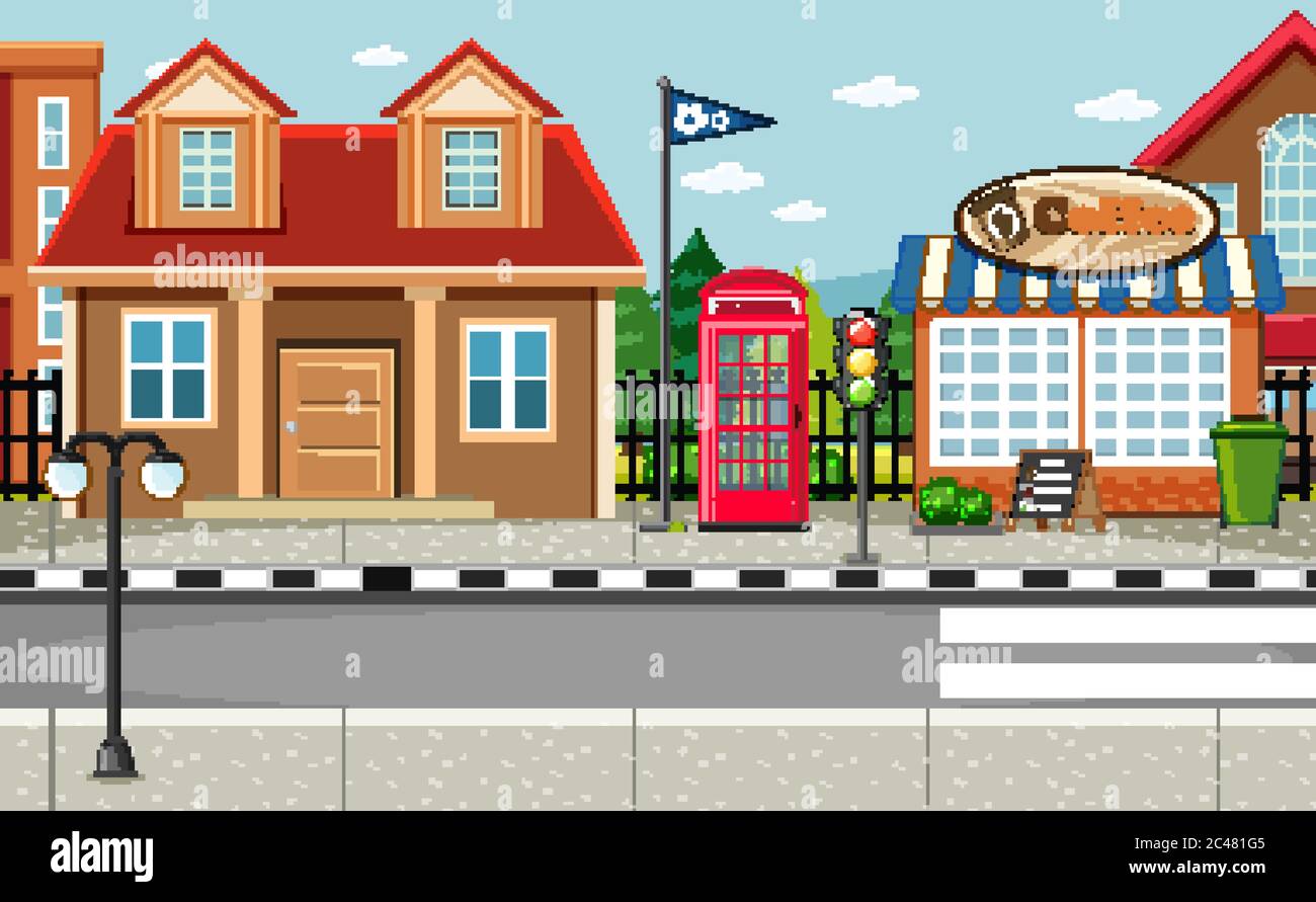 Street side scene with house and coffee shop scene illustration Stock ...
