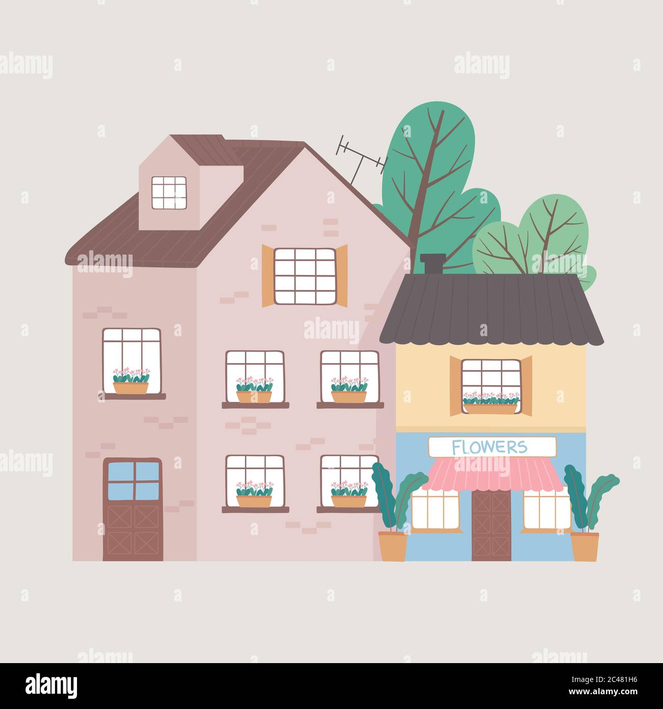 residential house and commercial building facade exterior cartoon ...