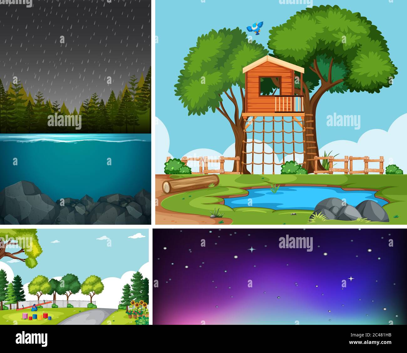 Four different scenes in nature setting cartoon style illustration ...