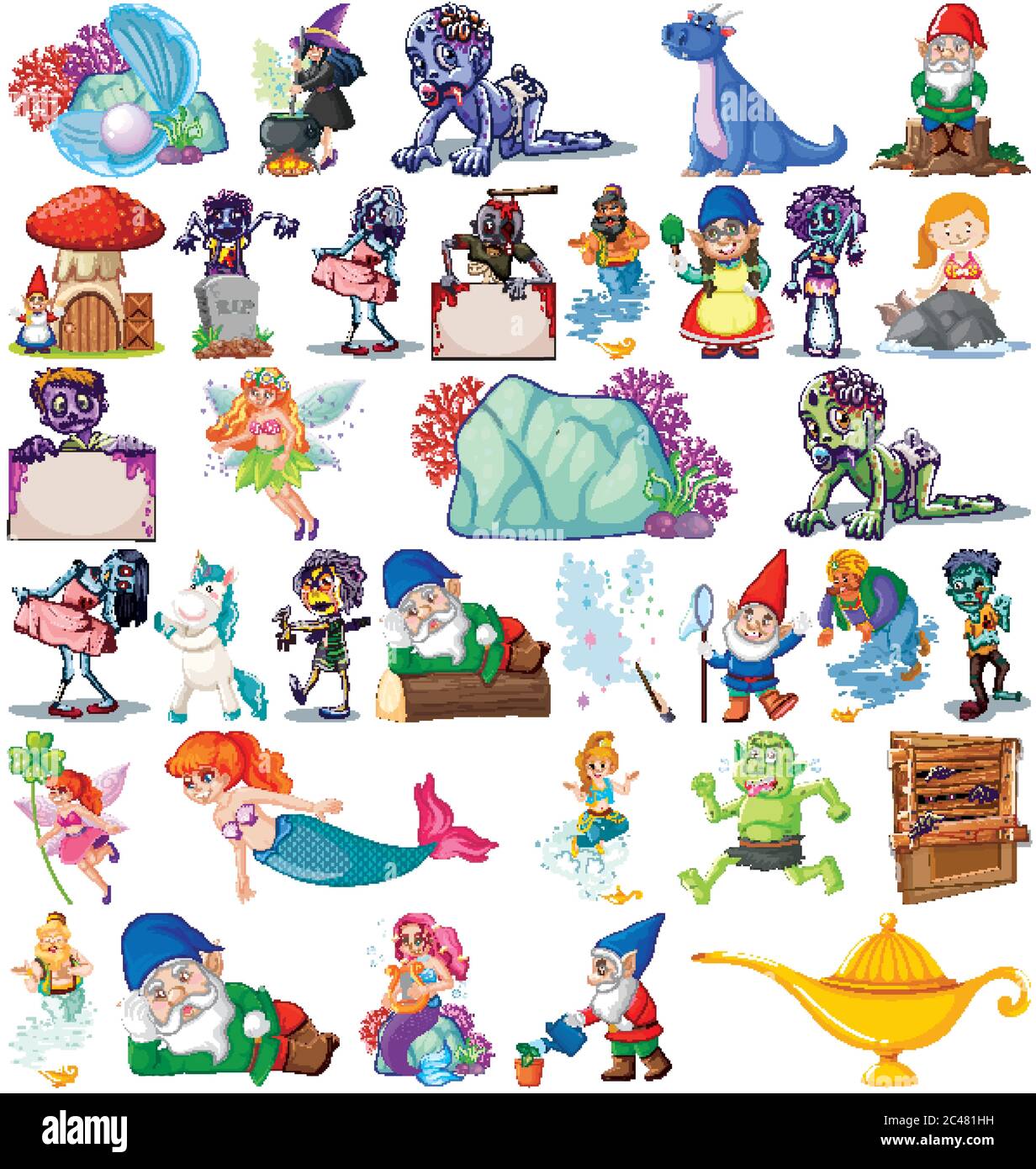 Set of fantasy cartoon characters and fantasy theme isolated on white ...