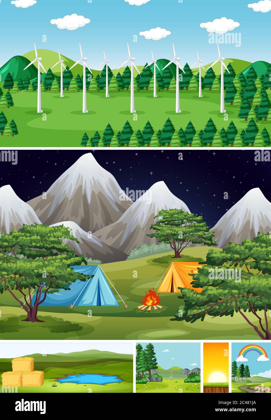 Six different scenes in nature setting cartoon style illustration Stock ...