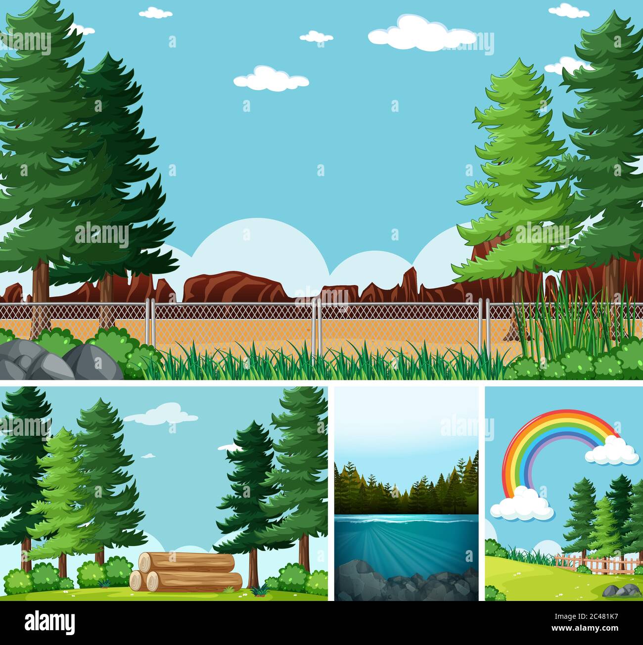 Four different scenes in nature setting cartoon style illustration ...