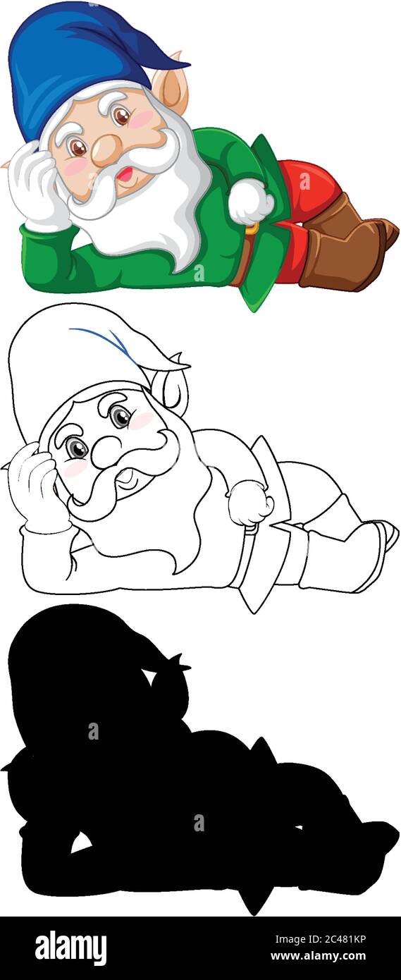 Gnome in gerdener costume in color and outline and silhouette in ...