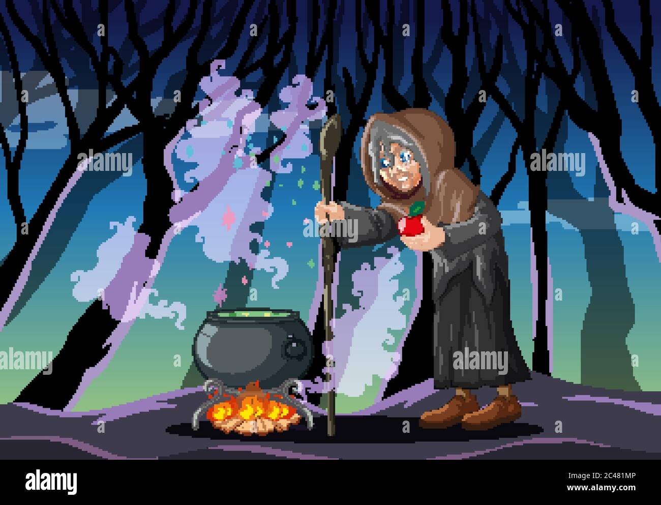 Wizard with black magic pot cartoon style on dark forest background ...