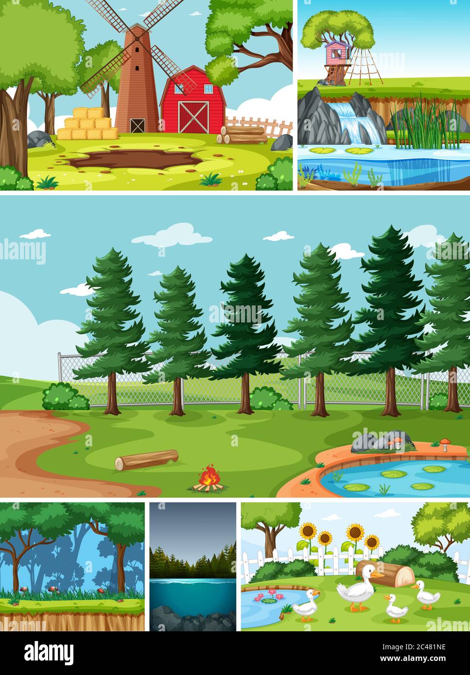 Four different scenes in nature setting cartoon style illustration ...